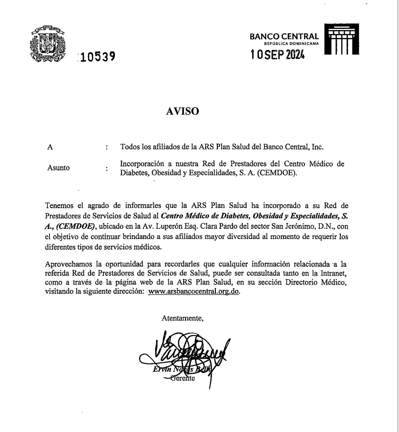 Incorporación Centro Médico de Diabetes, Obesidad y Especialidades, S ...